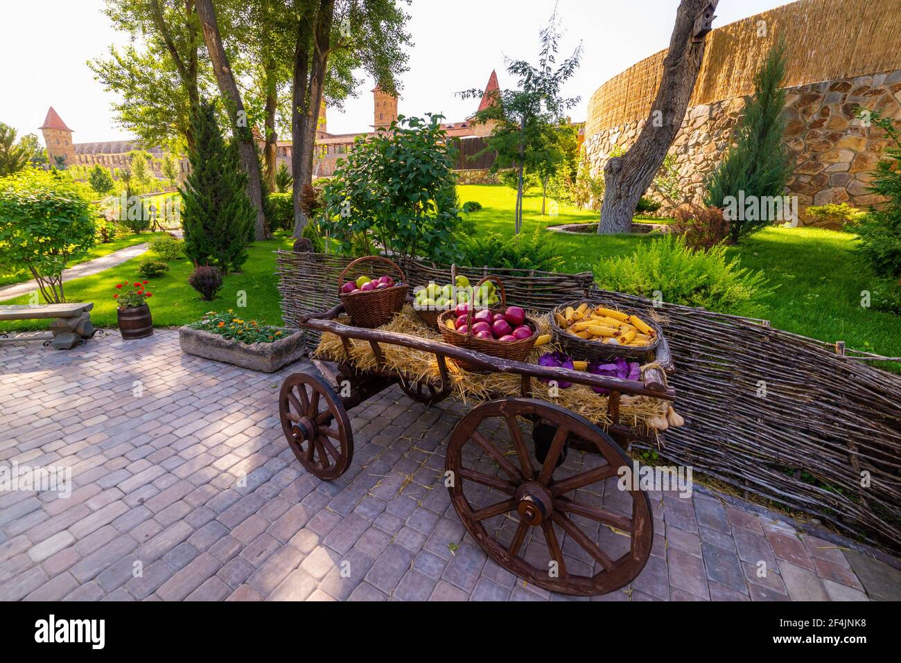 Farm cart. There are baskets with fresh vegetables Stock Photo - Alamy