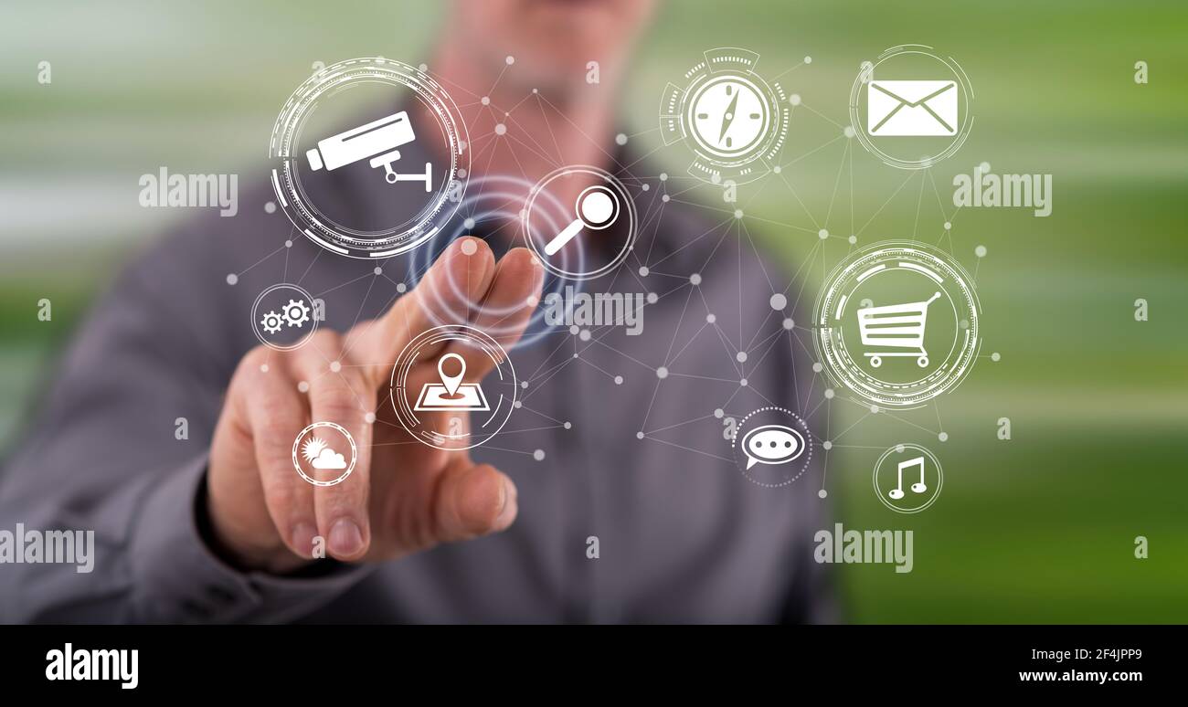 Man touching an apps concept on a touch screen with his finger Stock ...