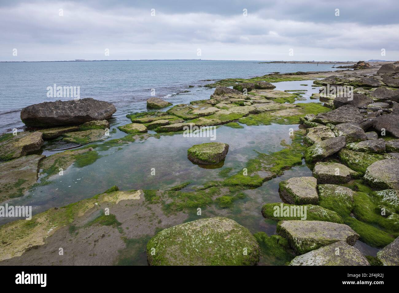 Boulders of rocks lying on the coast after the shallowing of the sea ...