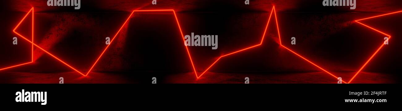 3d render, abstract panoramic background with red laser neon lights ...