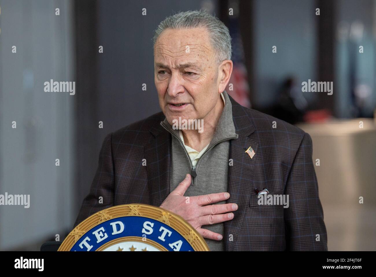 Senate Majority Leader Chuck Schumer speaks during a press conference ...