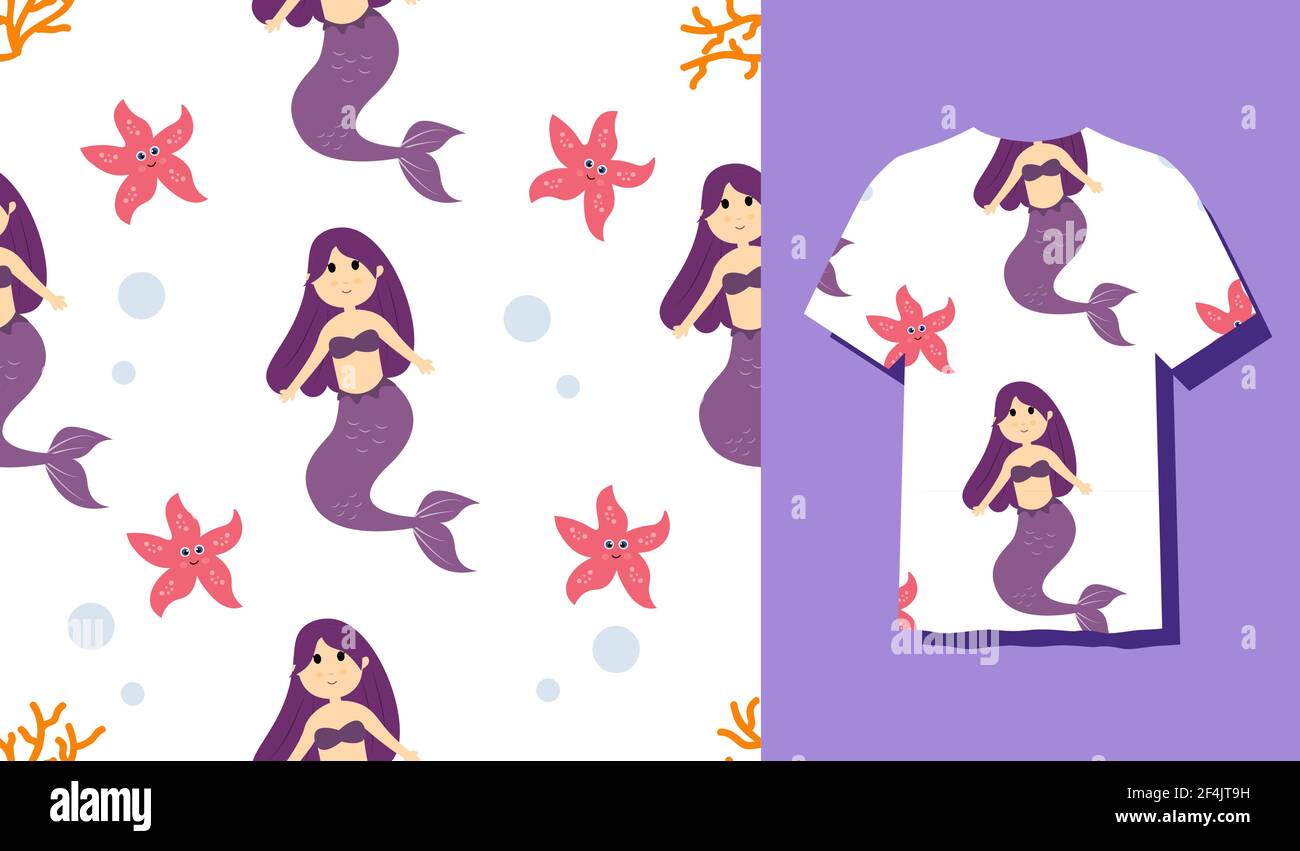 Seamless Patterns Underwater Mermaid Vector Illustration Cute Sea ...