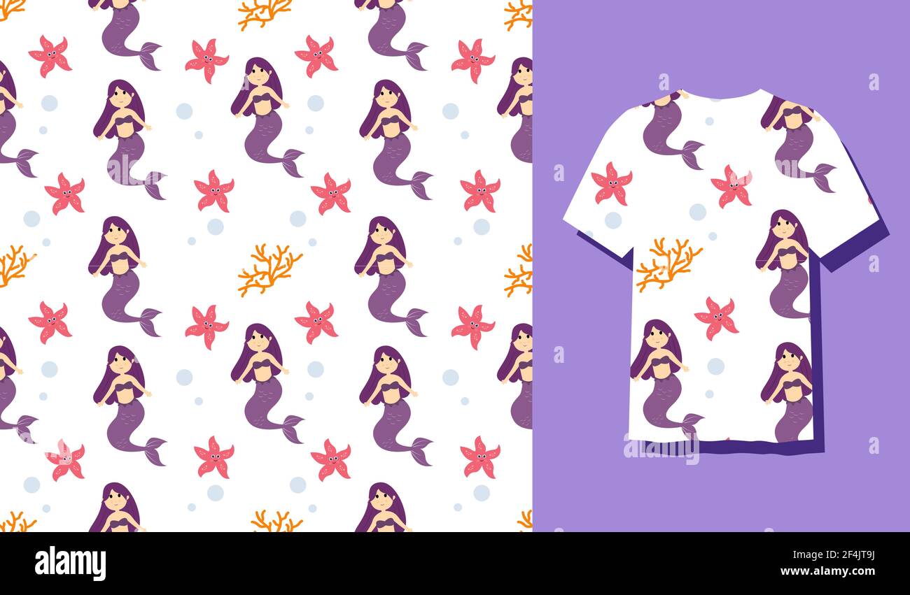 Seamless Patterns Underwater Mermaid Vector Illustration Cute Sea ...
