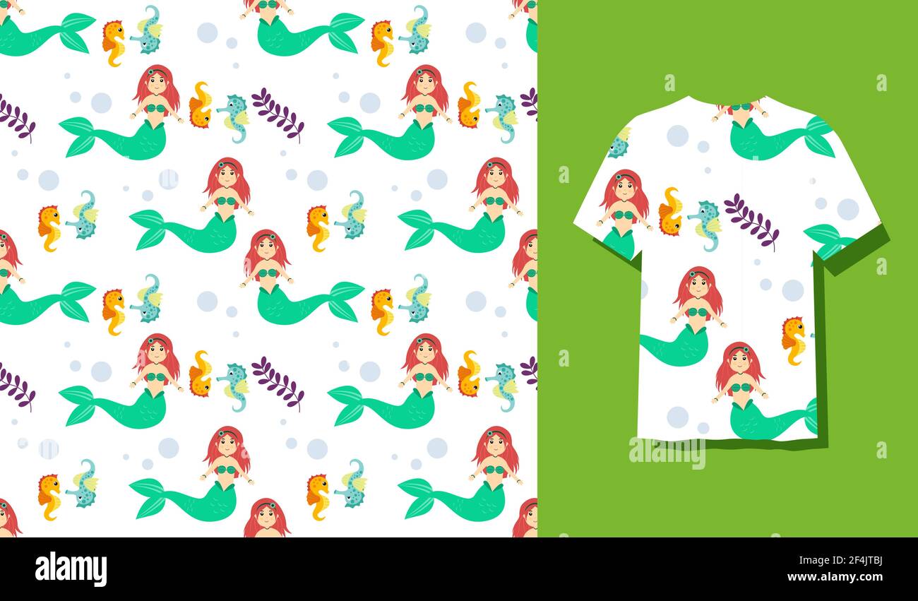 Seamless Patterns Underwater Mermaid Vector Illustration Cute Sea ...