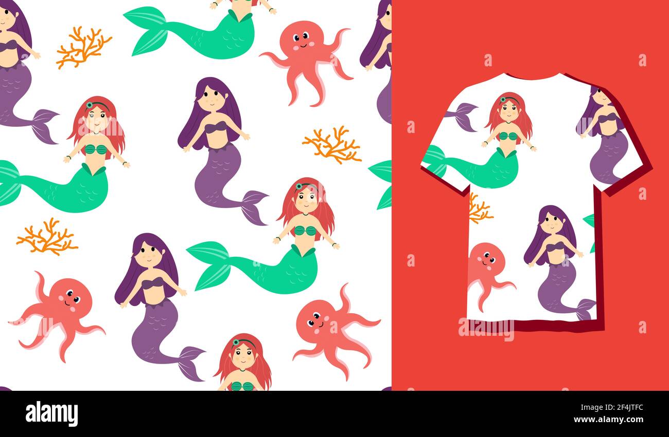 Seamless Patterns Underwater Mermaid Vector Illustration Cute Sea ...