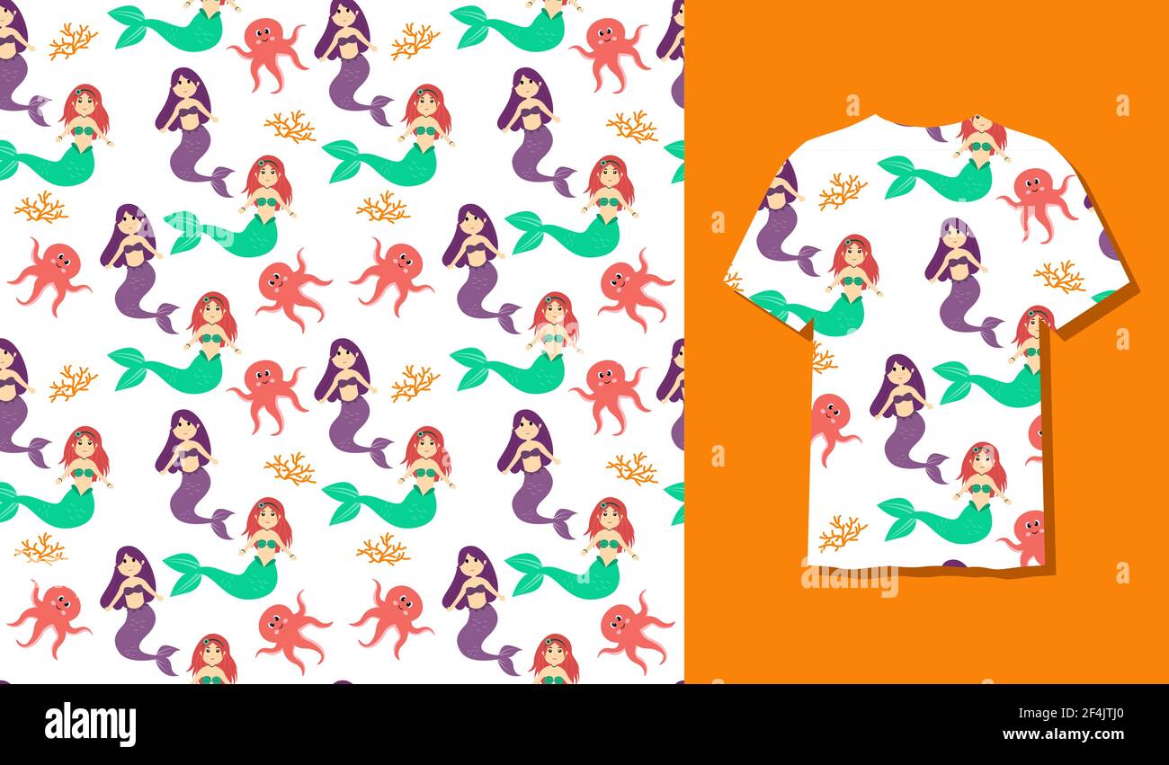 Seamless Patterns Underwater Mermaid Vector Illustration Cute Sea ...