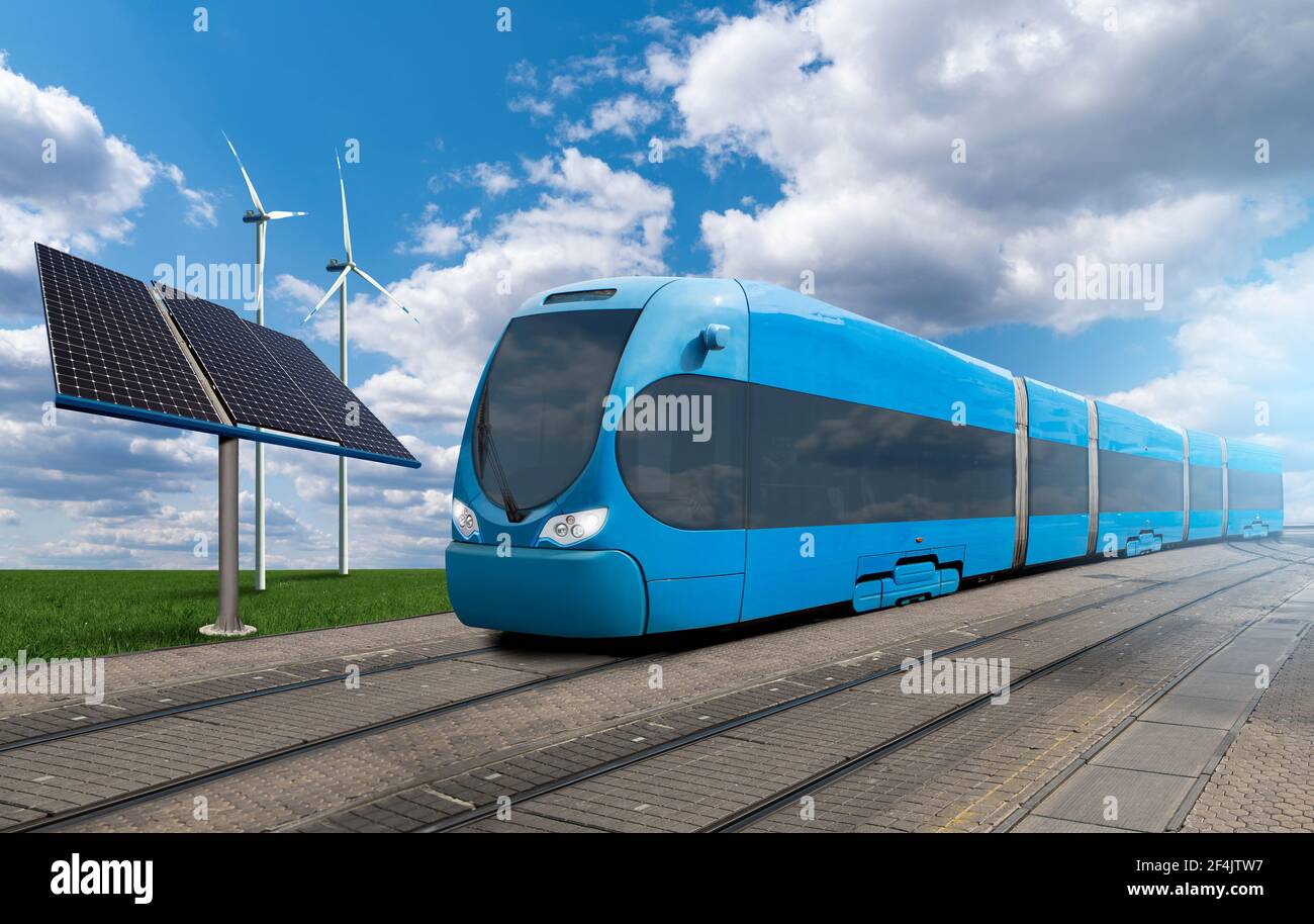 Futuristic blue train with wind turbines and solar panels. Getting ...