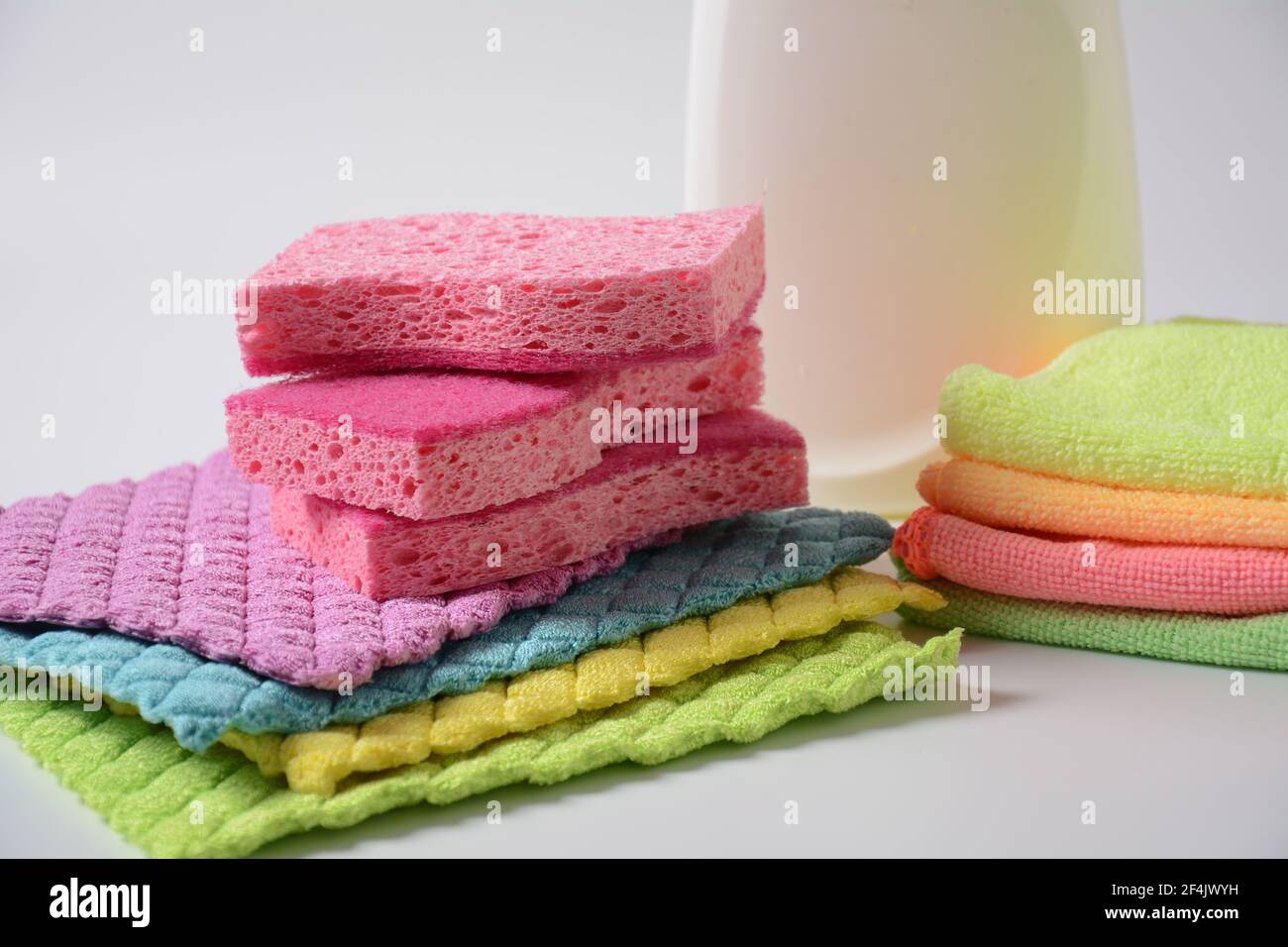 Pink cleaning sponges and multicolor micro Fiber cleaning cloths Stock ...