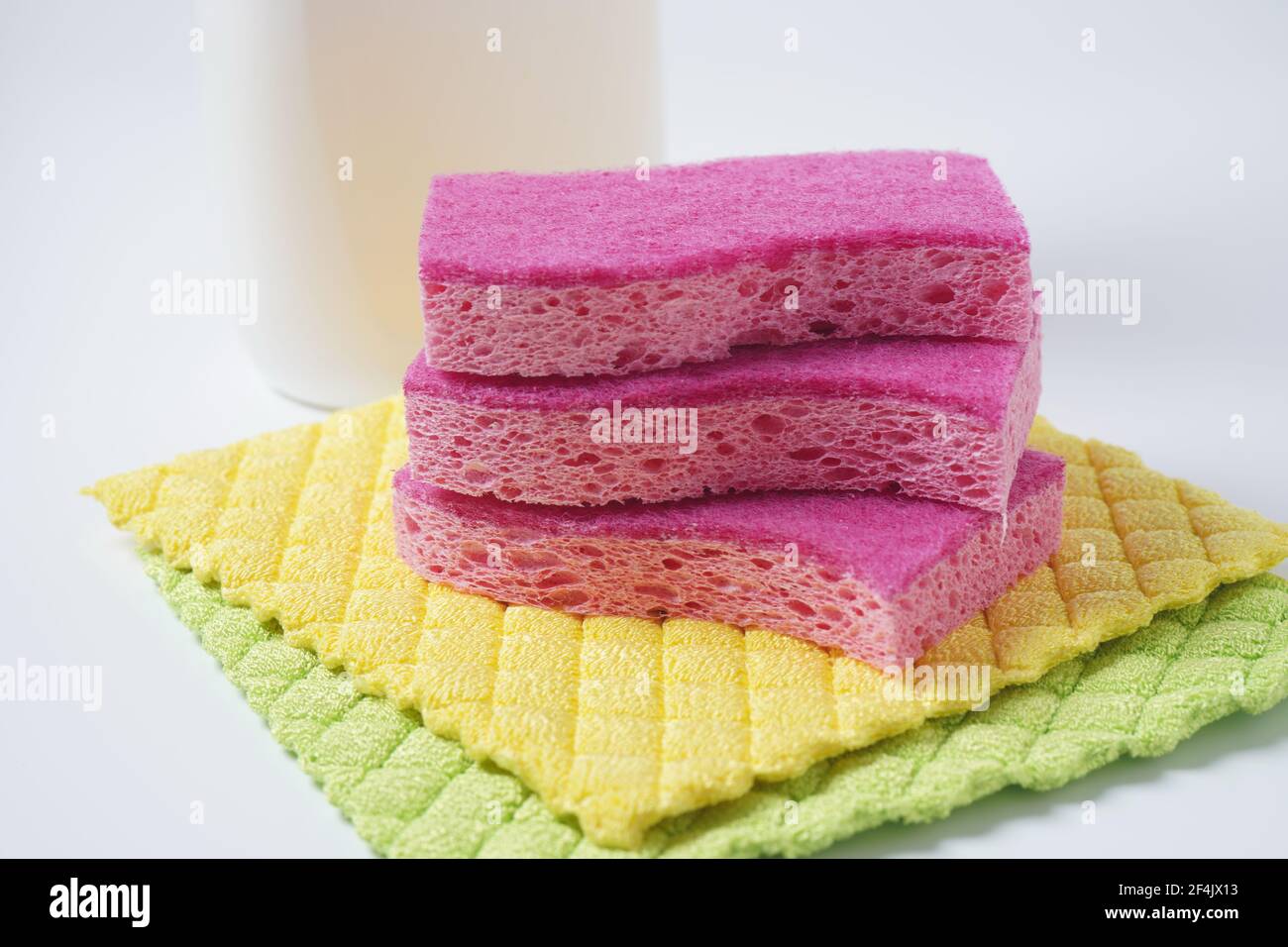 Pink cleaning sponges and multicolor micro Fiber cleaning cloths Stock ...