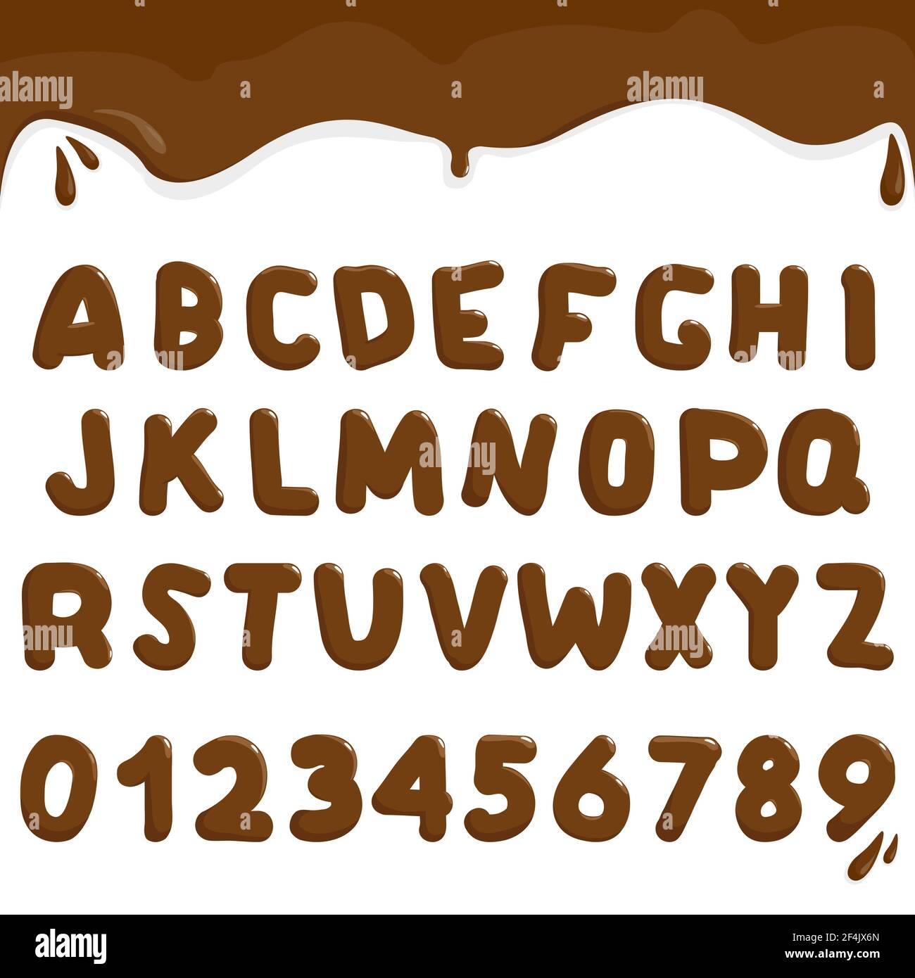 Chocolate alphabet and numbers font and melted chocolate on white ...