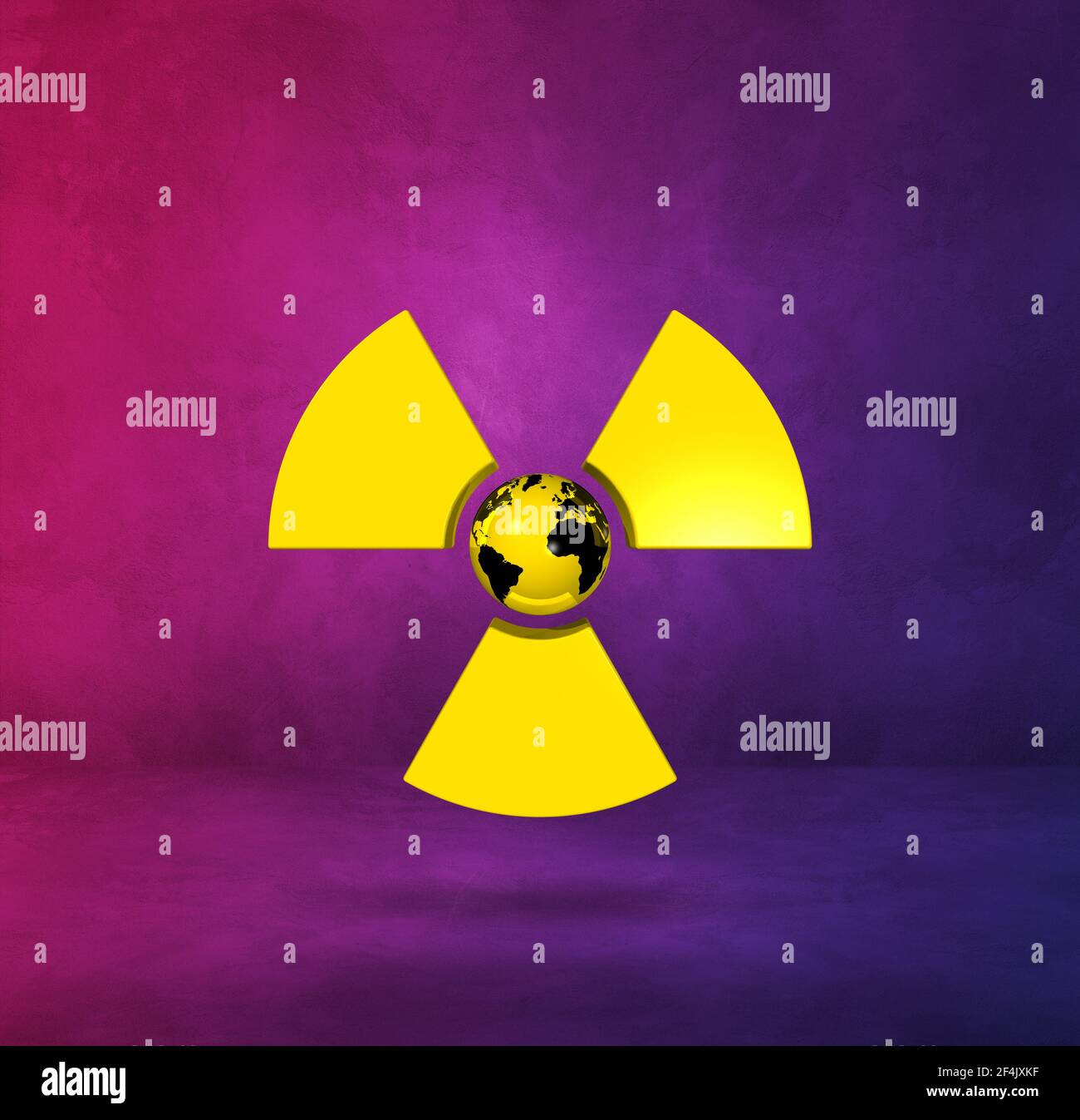 World map on Radioactive symbol. Purple studio background. 3D ...