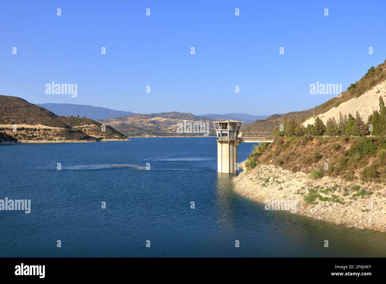 The Kouris dam with reservoir, the largest of a network of 107 dams, 15 ...