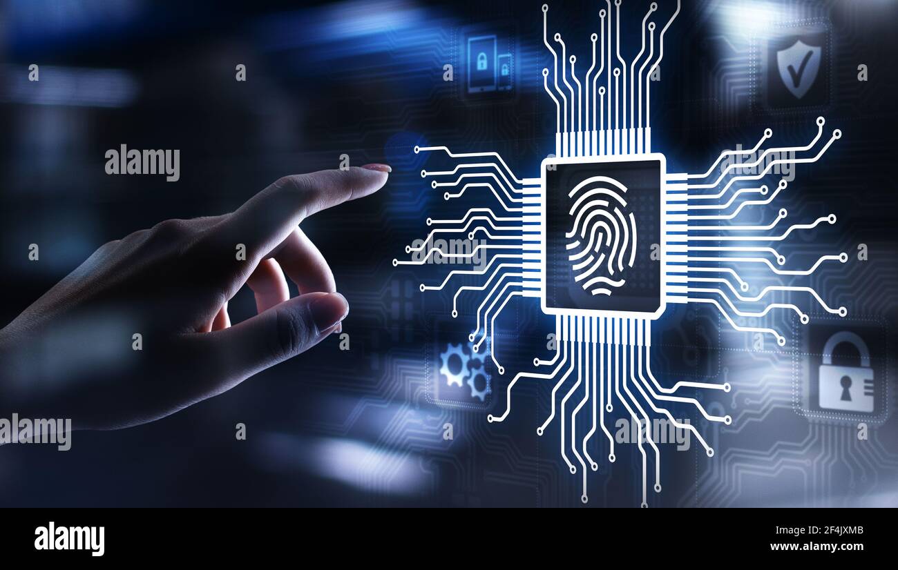 Fingerprint unlock cyber security data protection concept on virtual ...