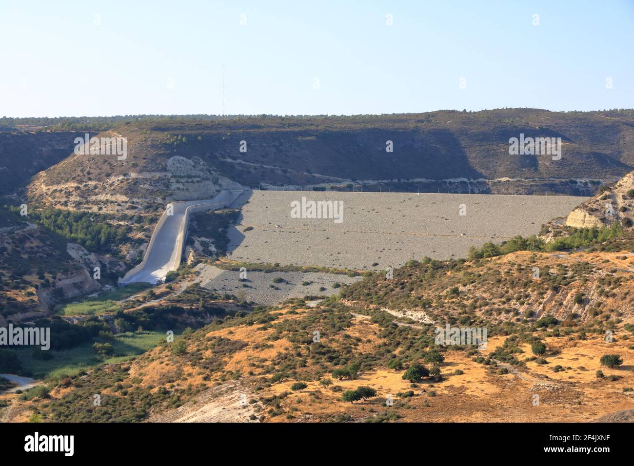 The Kouris dam with reservoir, the largest of a network of 107 dams, 15 ...