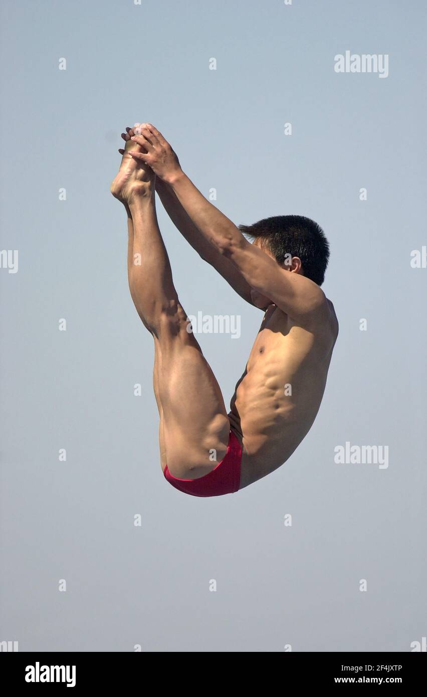 Diver, Hyong Gil Choe (North Korea), diving from 10 mt platform during ...