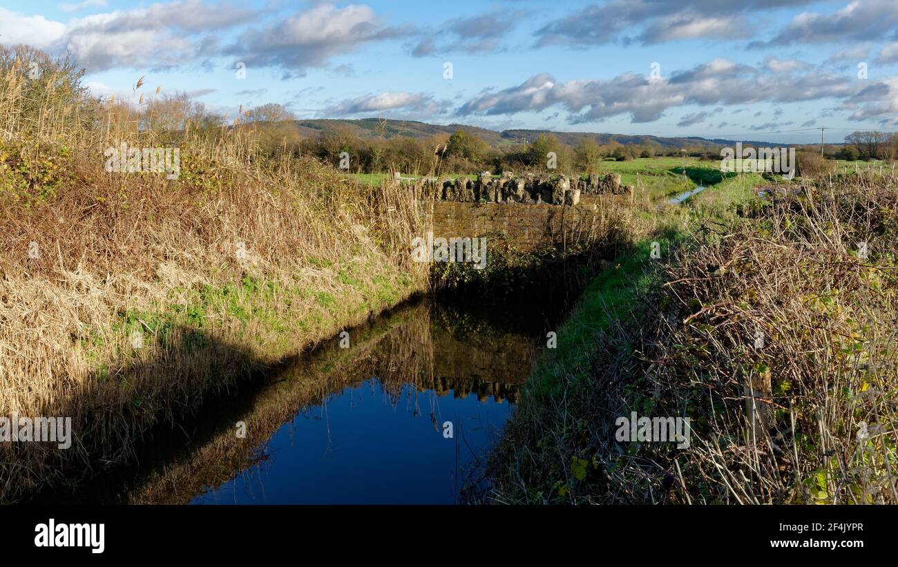 Crookwell Rhyne & Bridge, Congresbury Moors, Somerset, UK Stock Photo ...