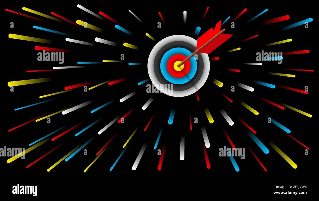 Dartboard and red dart arrow in the target centre on black background ...