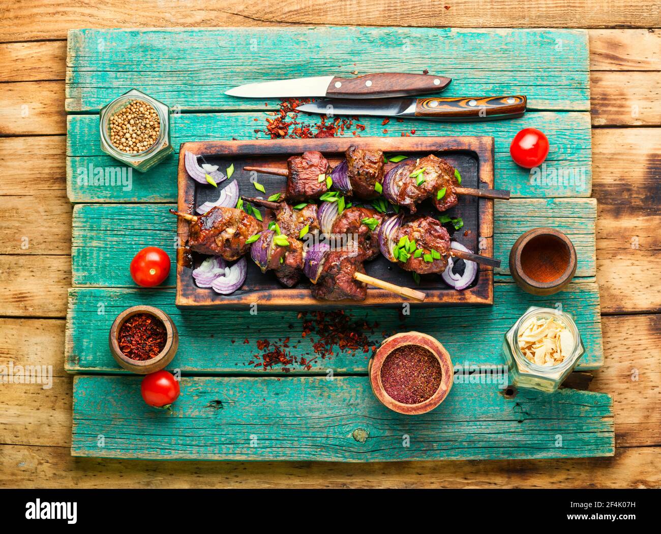 Turkish or arabic tradition liver kebab on skewers Stock Photo - Alamy