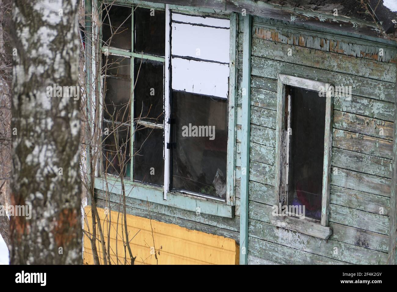 Abandoned wooden house. An old house in a village with no windows Stock ...