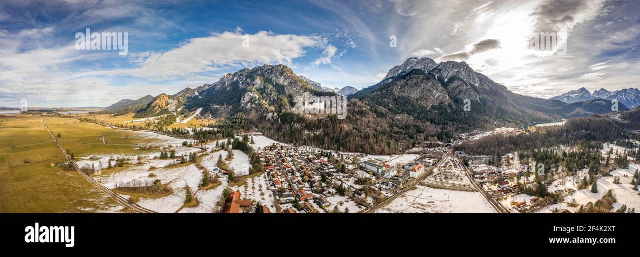 Aerial panorama drone shot of Hohenschwangau in Fussen with view of ...