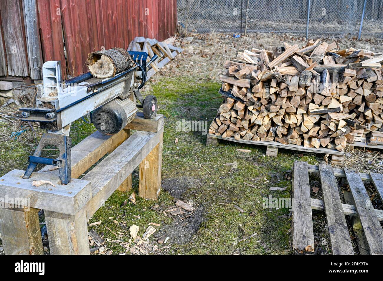 electric wood splitter standing infront of firewood Stock Photo - Alamy