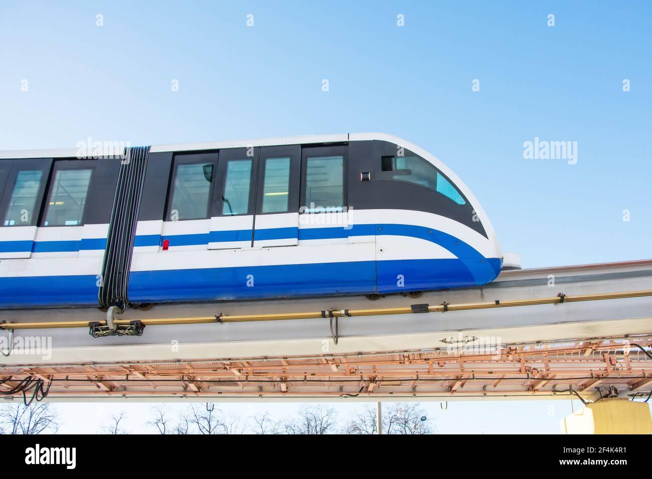 High speed subway train on the air bridge arrives at the station Stock ...