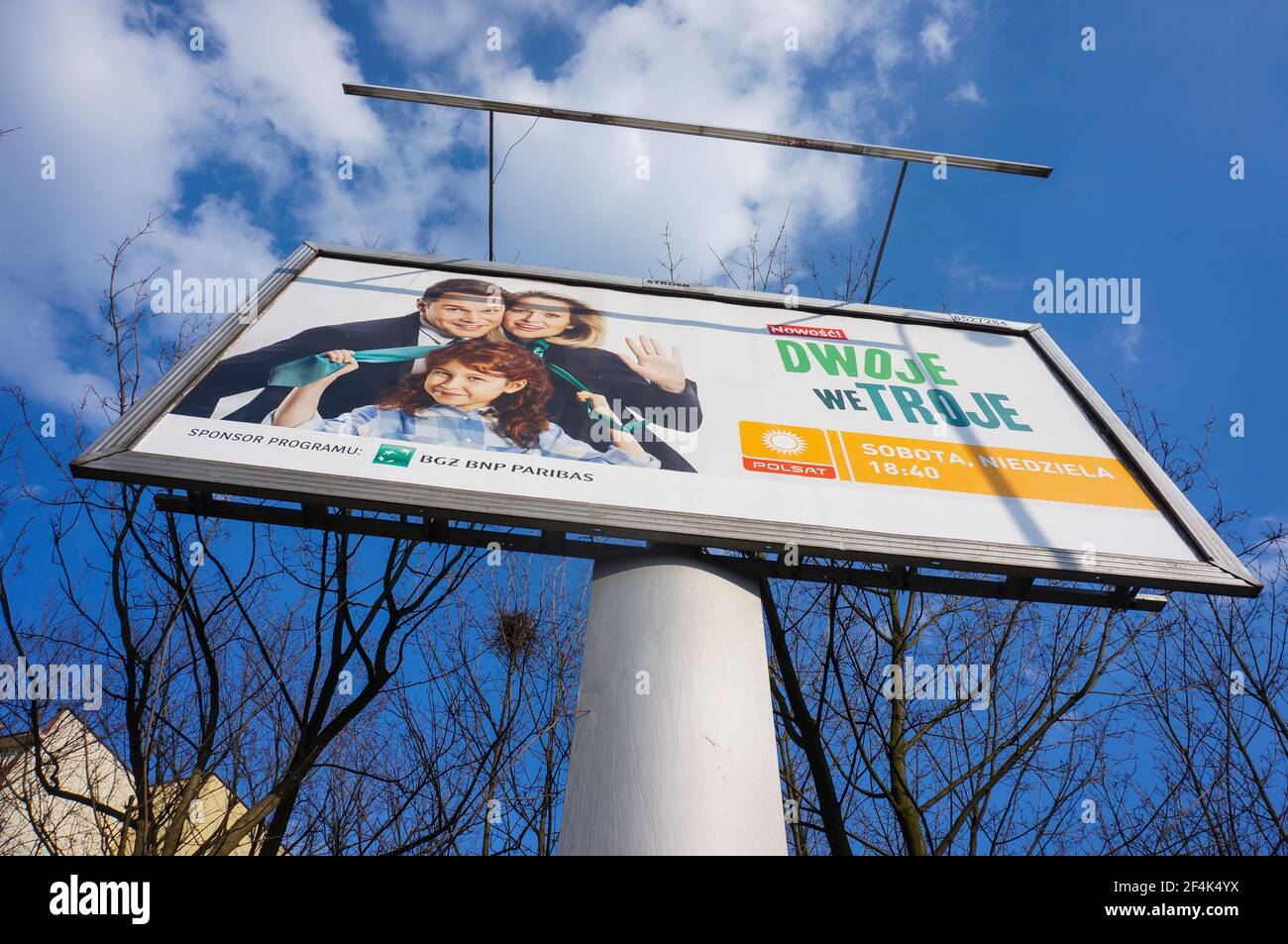 POZNAN, POLAND - Apr 07, 2016: Polish Polsat advertisement on a large ...