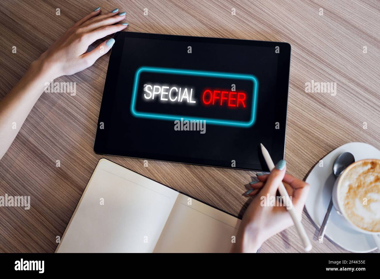 Special offer message on device screen. Sales and marketing, promotion ...