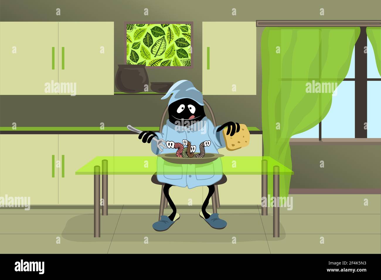 A cute cheerful and happy monster is sitting in the kitchen at the neon ...