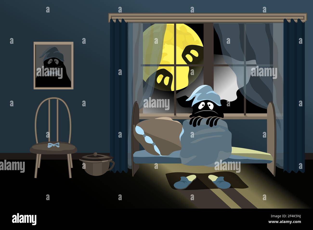 Cute little monster sitting on the bed and afraid. Two ghosts look at ...