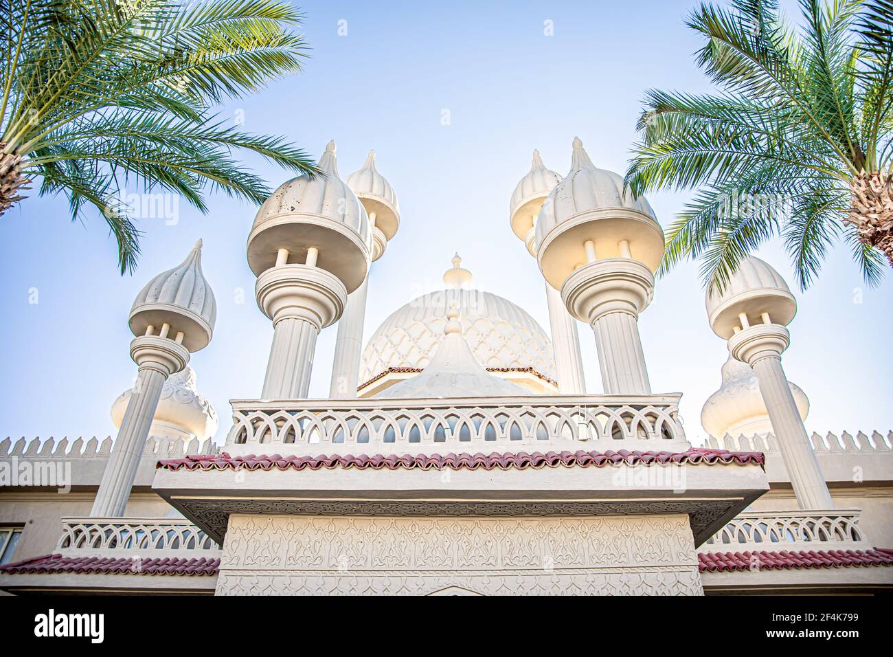 Traditional Islamic mosque among the palm trees in sunny weather Stock ...