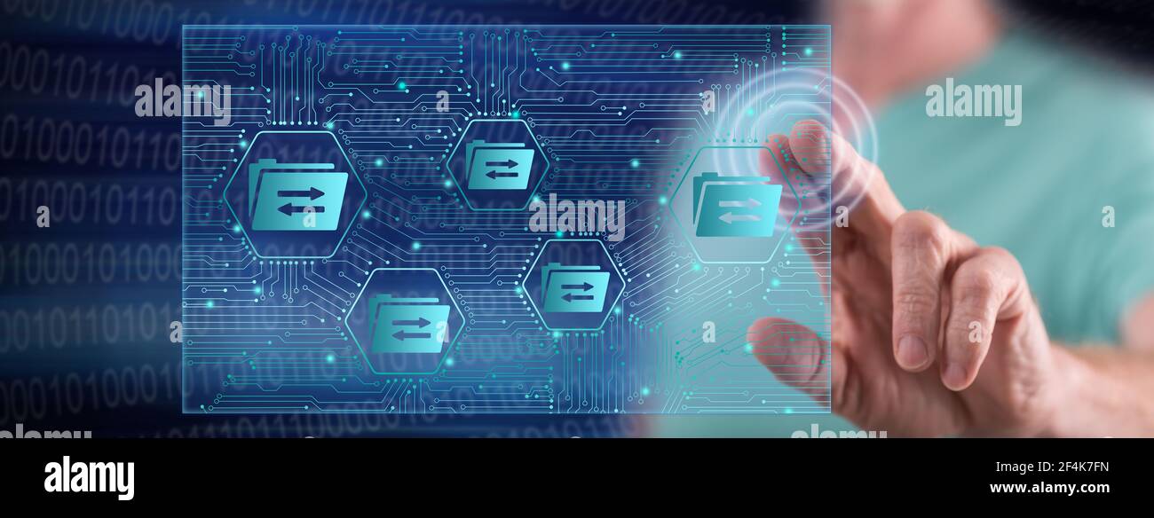 Man touching a data exchange concept on a touch screen with his finger ...