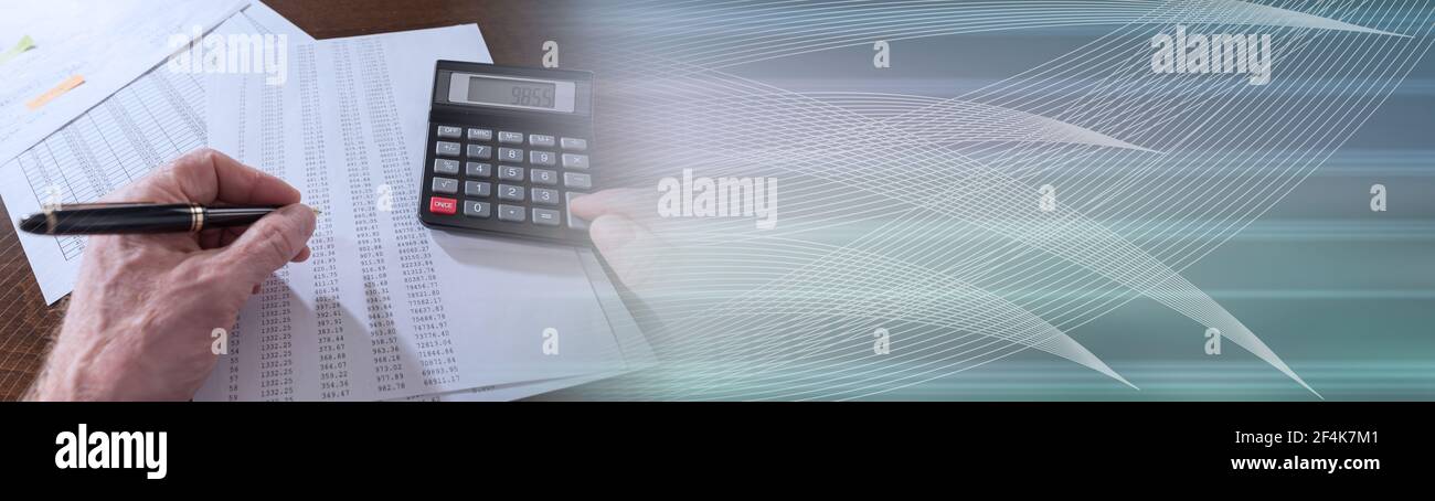 Male hand using calculator for analyze financial data; panoramic banner ...