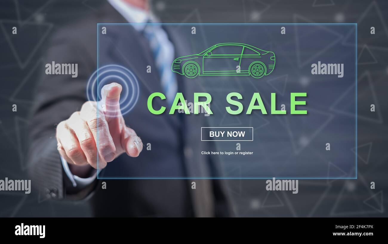 Man touching a car sale concept on a touch screen with his fingers ...