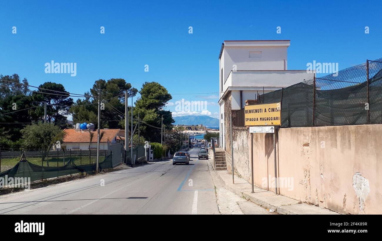 CINISI, ITALY - May 01, 2019: View of the welcome sign of the main ...