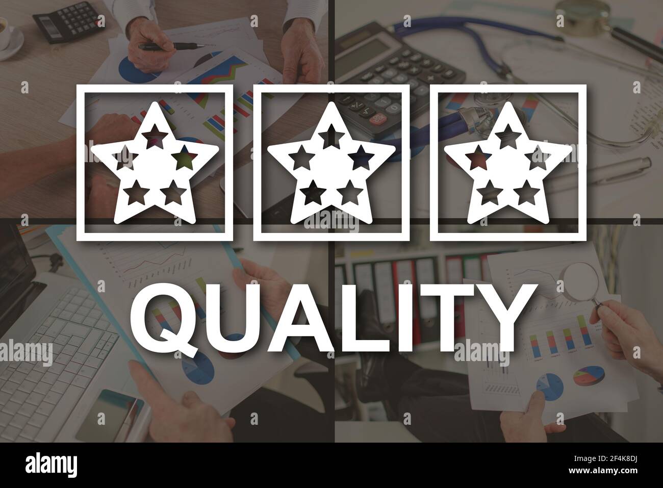 Quality concept illustrated by pictures on background Stock Photo - Alamy