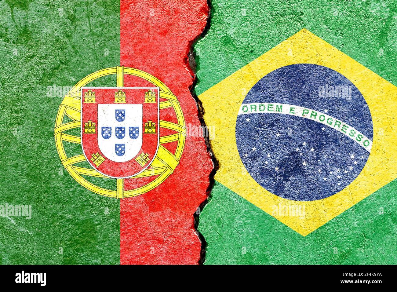 Flag icon of Portugal and Brazil on weathered cracked concrete wall ...