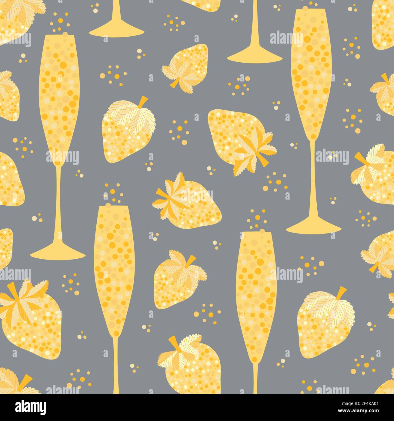 Champagne and strawberry vector seamless pattern background. Yellow ...