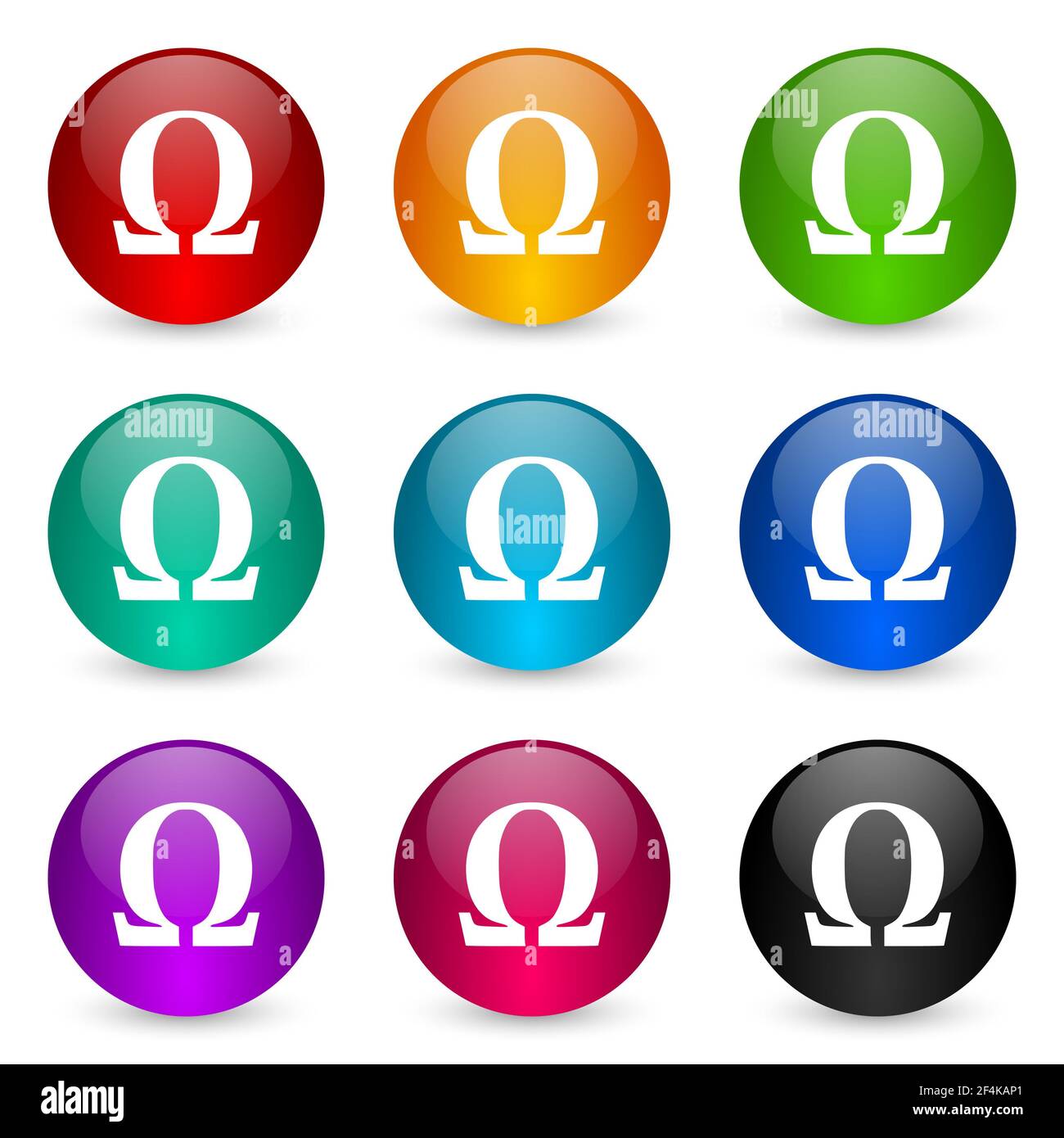 Omega icon set, colorful glossy 3d rendering ball buttons in 9 color ...