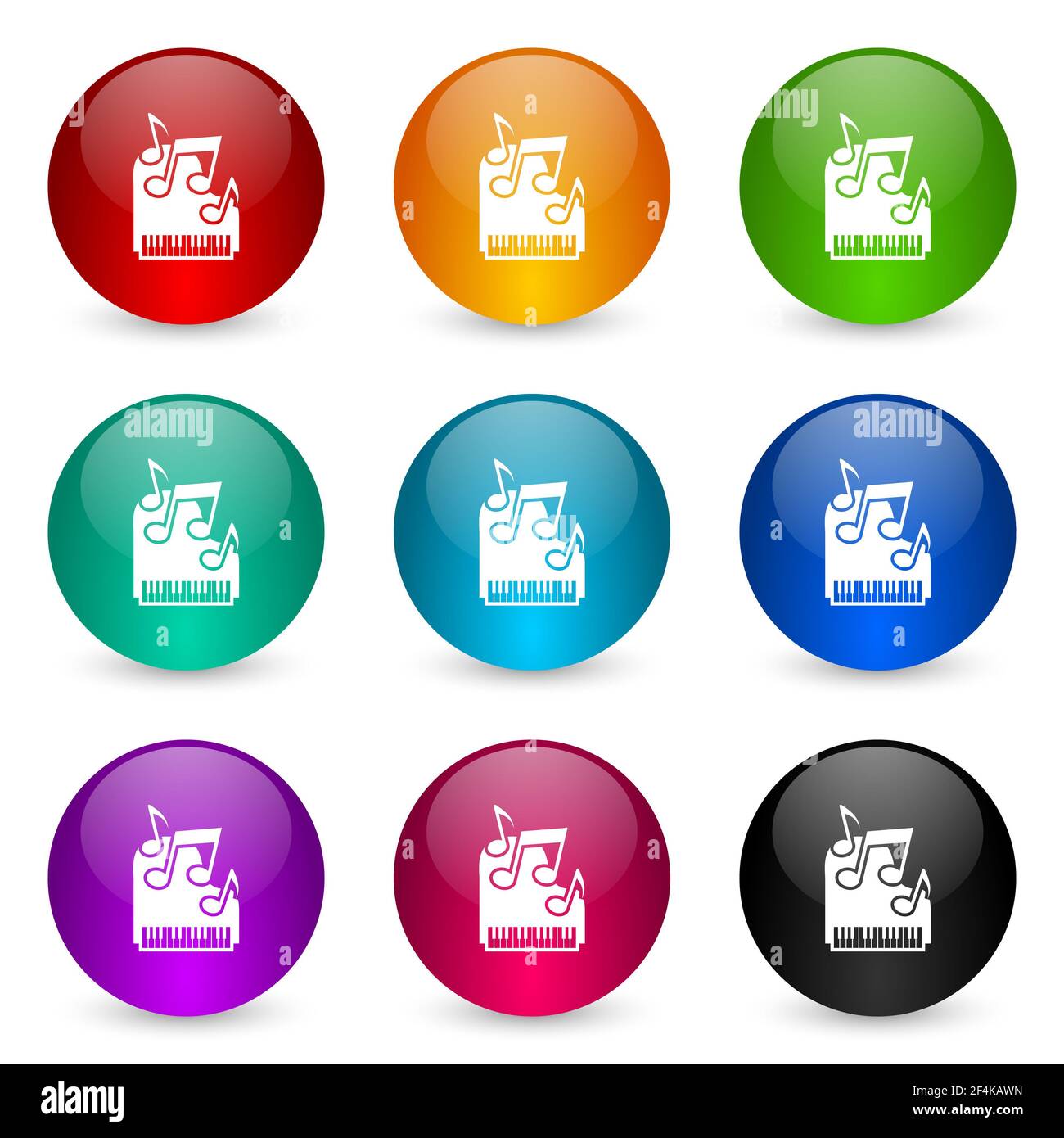 Piano, music icon set, colorful glossy 3d rendering ball buttons in 9 ...