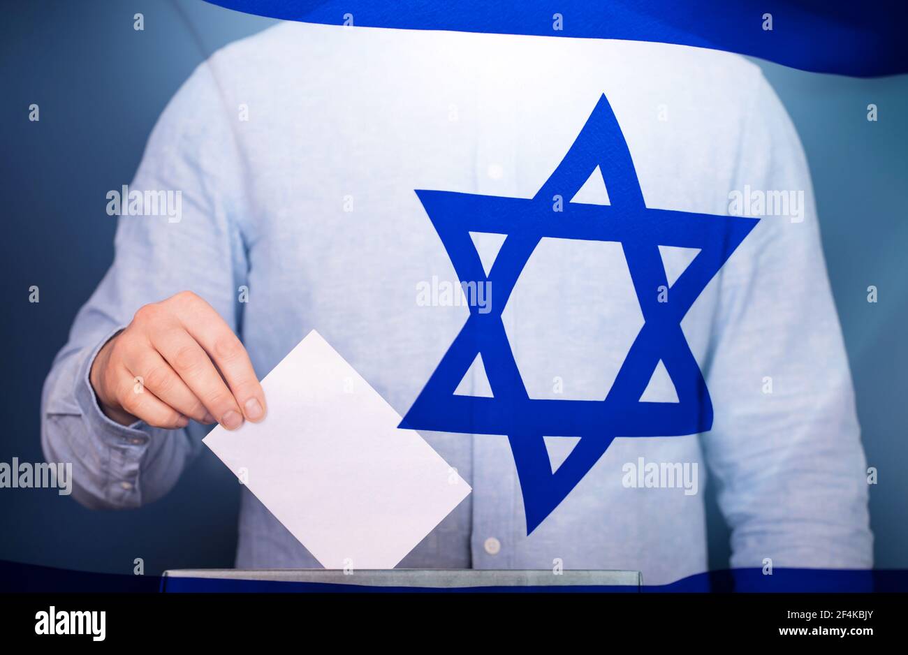 Election in Israel. Hand of voter putting vote in the ballot box. Waved ...