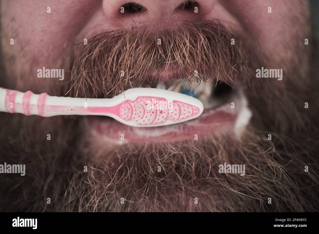 a man with a beard brushing his teeth Stock Photo - Alamy