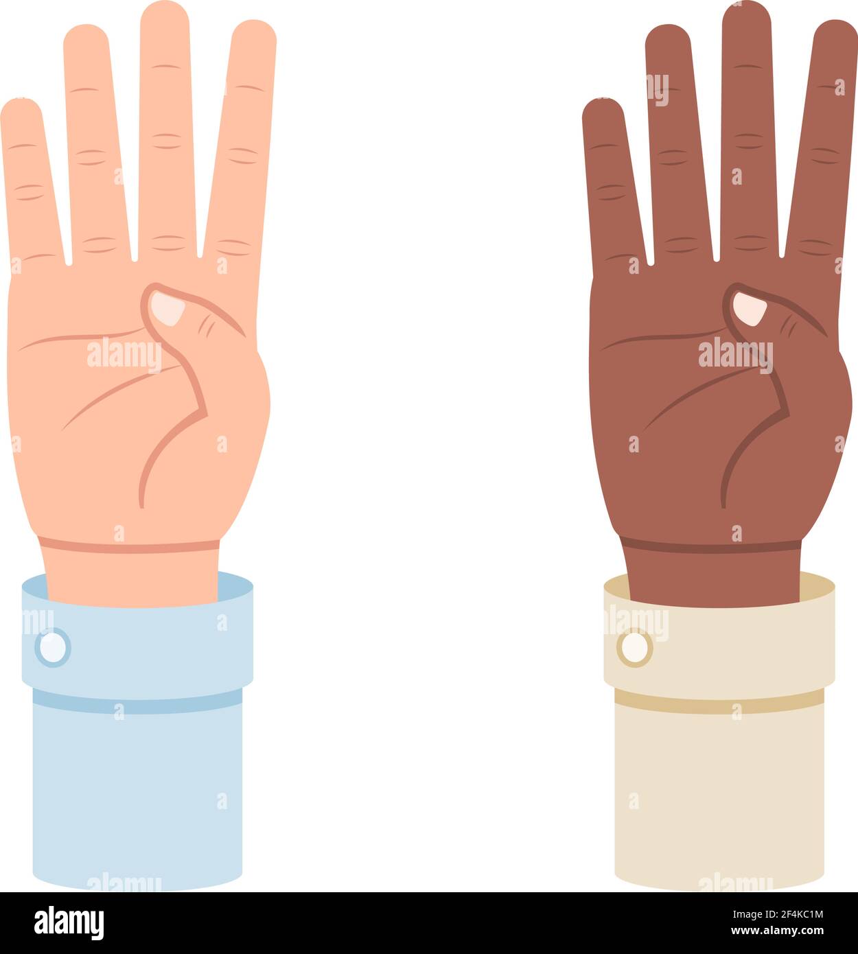 White and black hand shows four fingers, fourth fingers vector ...