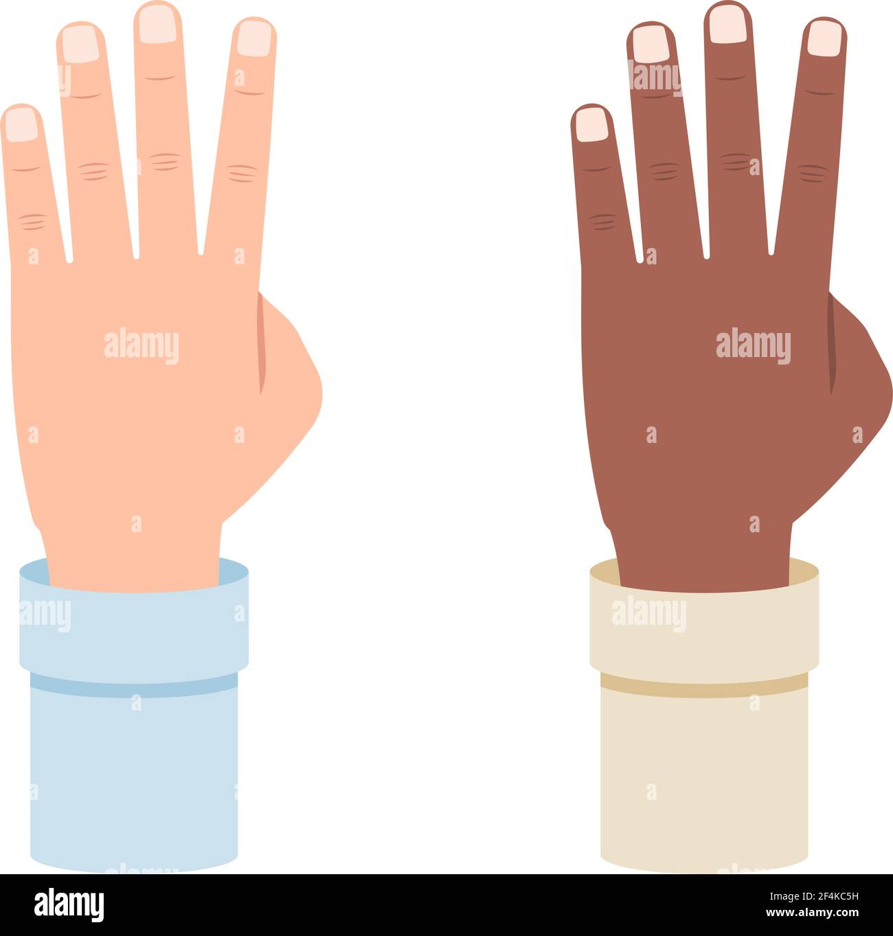 White and black hand shows four fingers, fourth fingers vector ...
