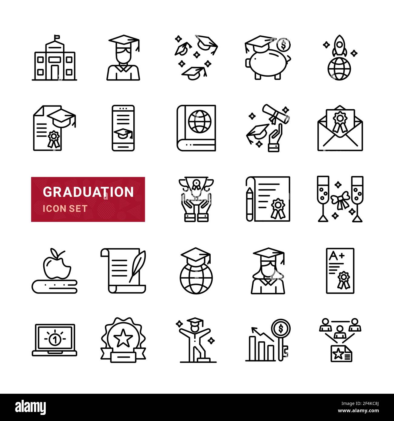 Graduation isolated icon set on the white background. Minimal thin line ...