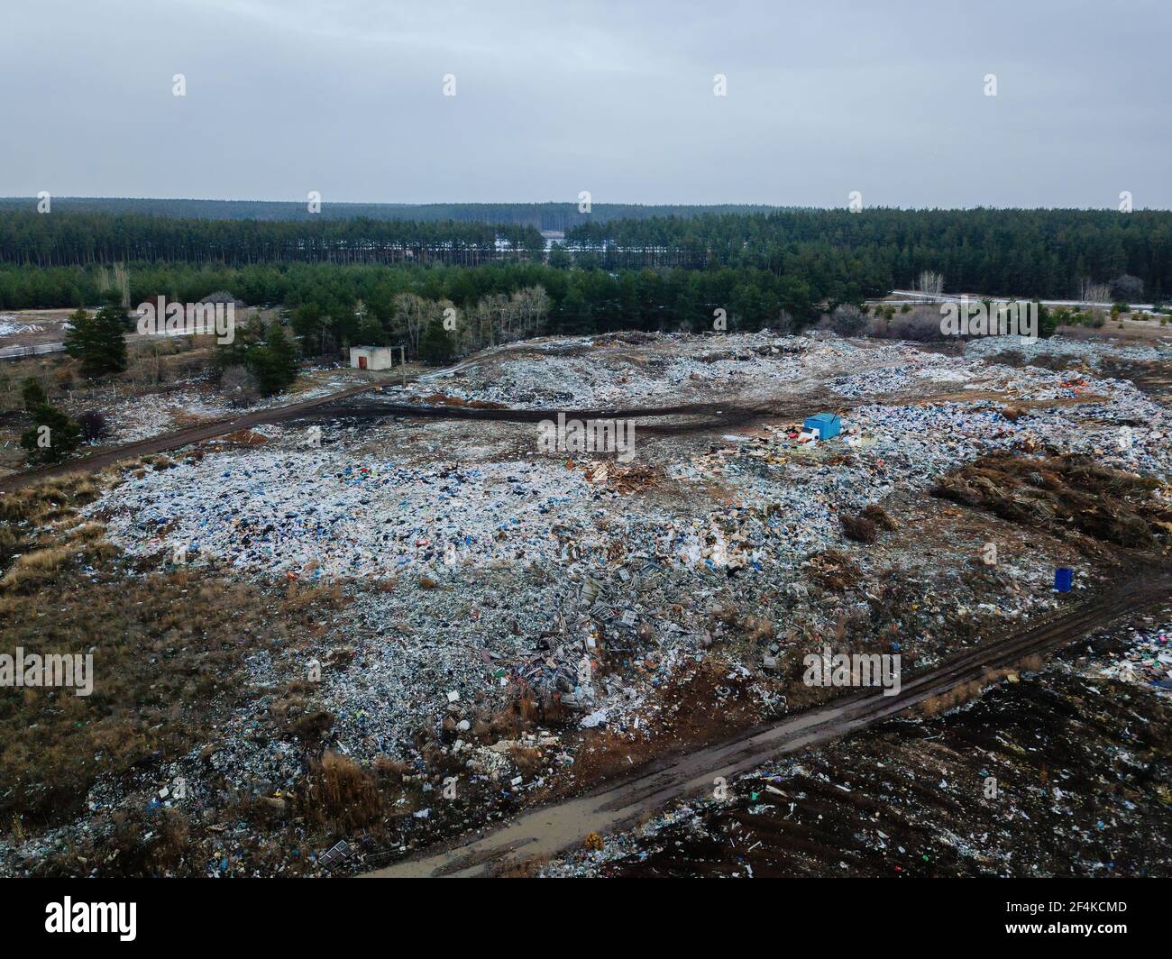 Aerial top view photo of large garbage pile at solid waste landfill ...