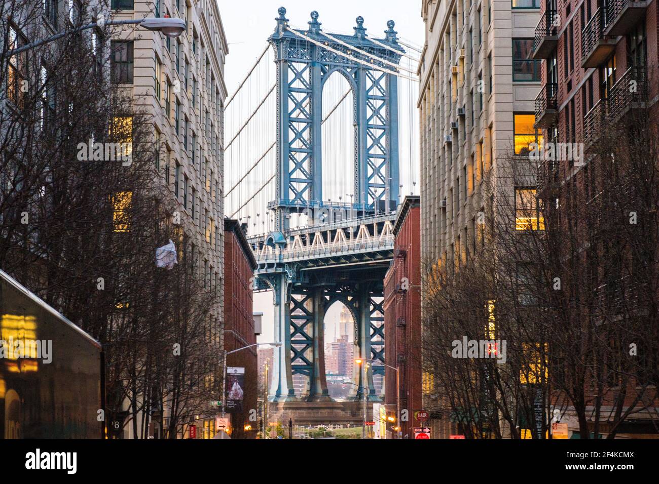 New York City, USA. The Manhattan Bridge eastern pilon from Pearl ...