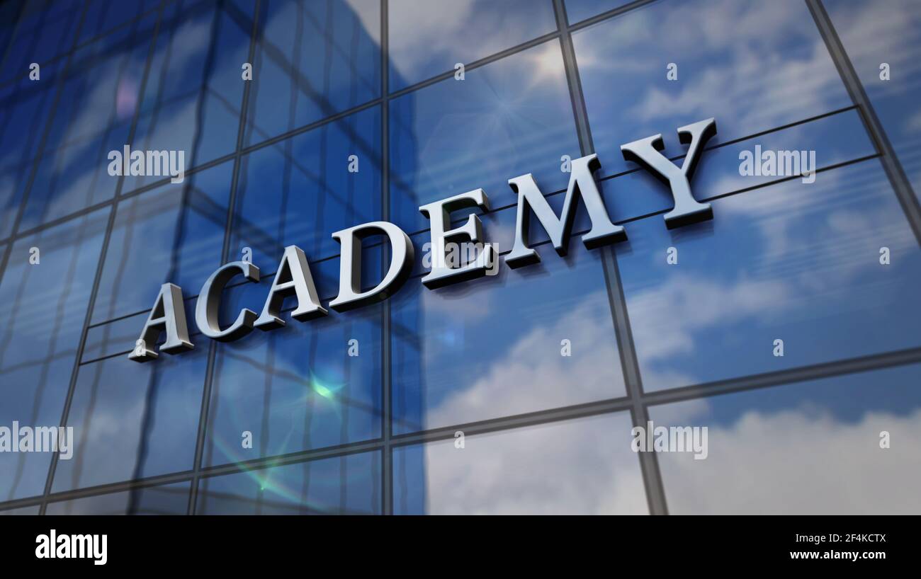 Academy on glass building. Mirrored sky and city modern facade. Public ...
