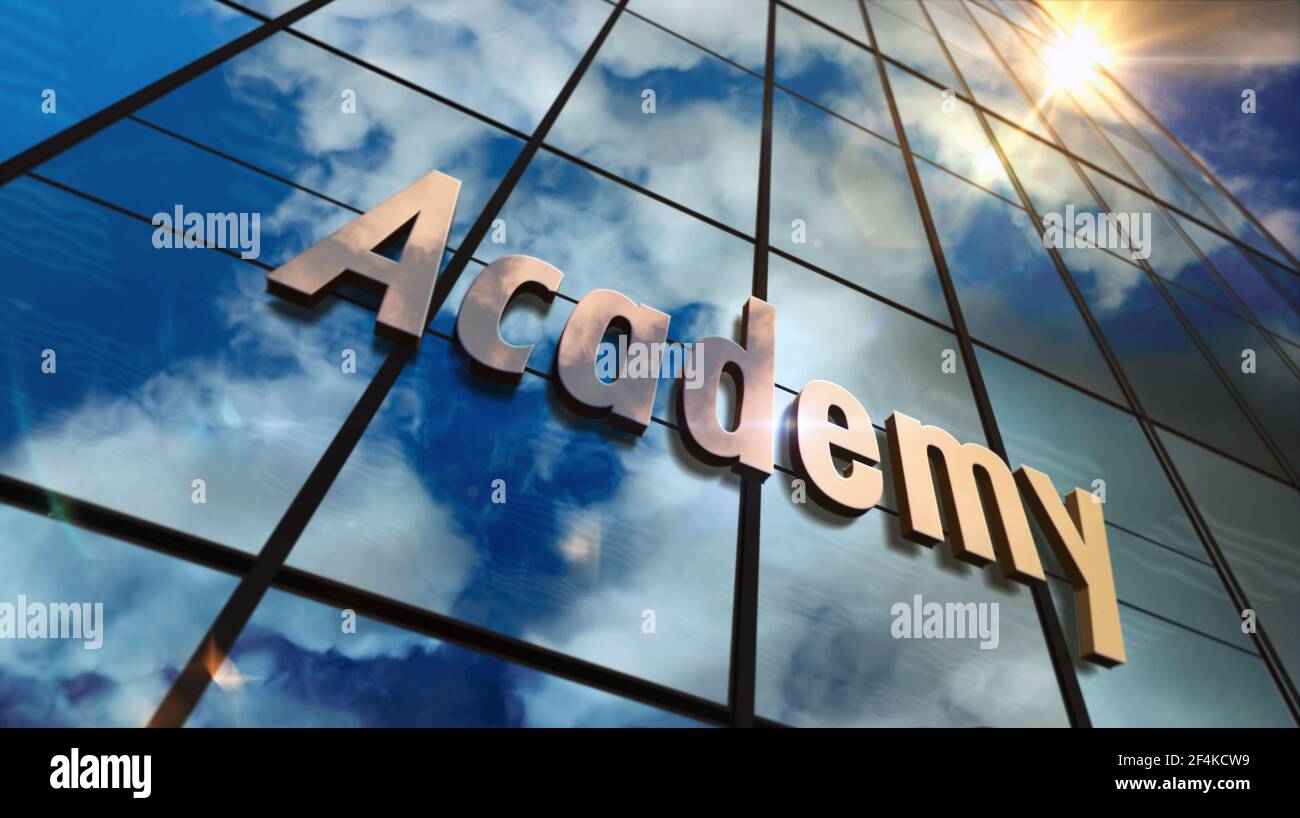 Academy on glass building. Mirrored sky and city modern facade. Public ...