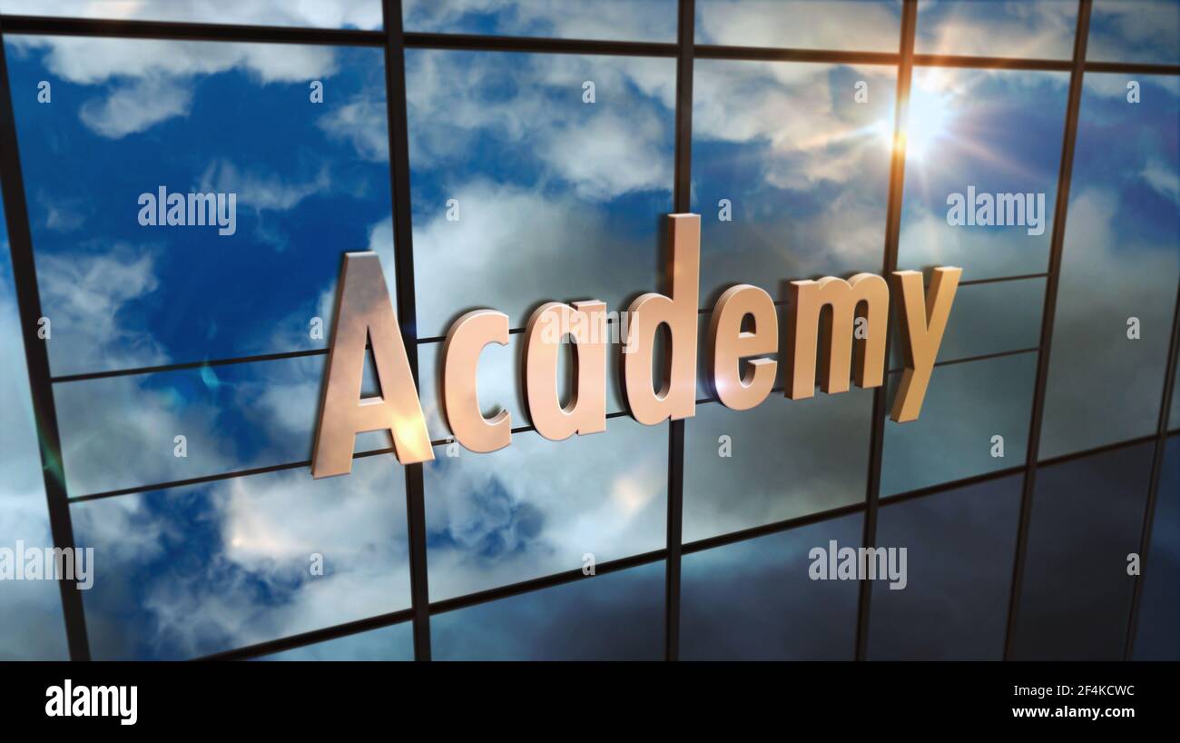 Academy on glass building. Mirrored sky and city modern facade. Public ...